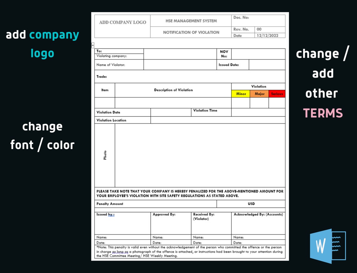 Notice of Violation Template: Health & Safety (editable WORD) - Etsy