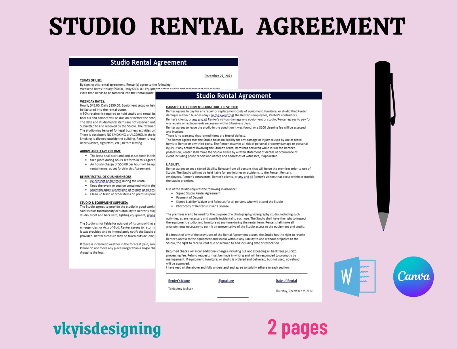 Studio Rental Agreement, Studio Contract, Photographer Contract, Studio ...