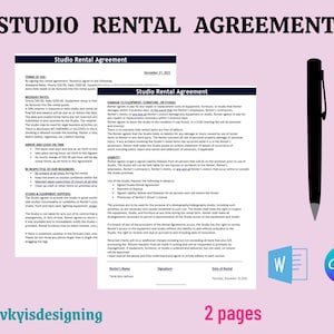 Studio Rental Agreement, Studio Contract, Photographer Contract, Studio ...