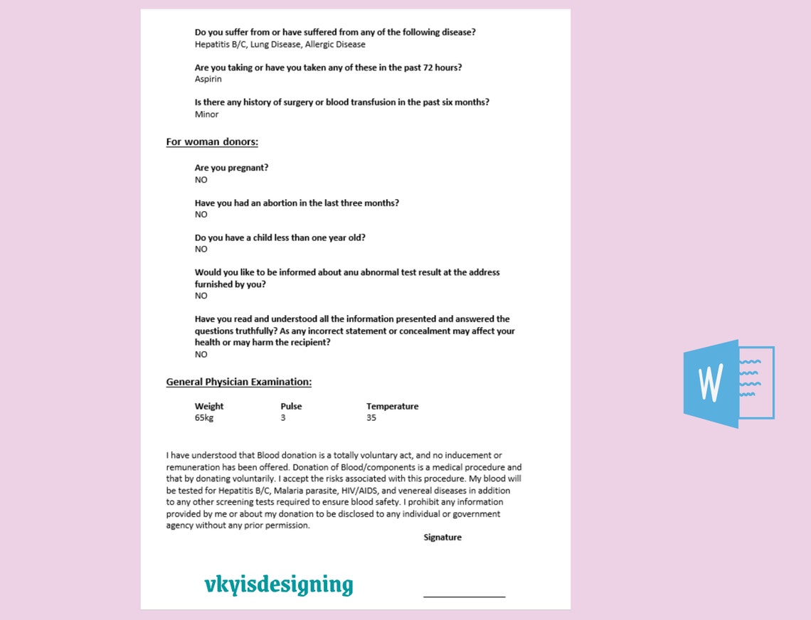 Blood Donation Consent Form * Blood Donor - Medical Consent - Donors ...