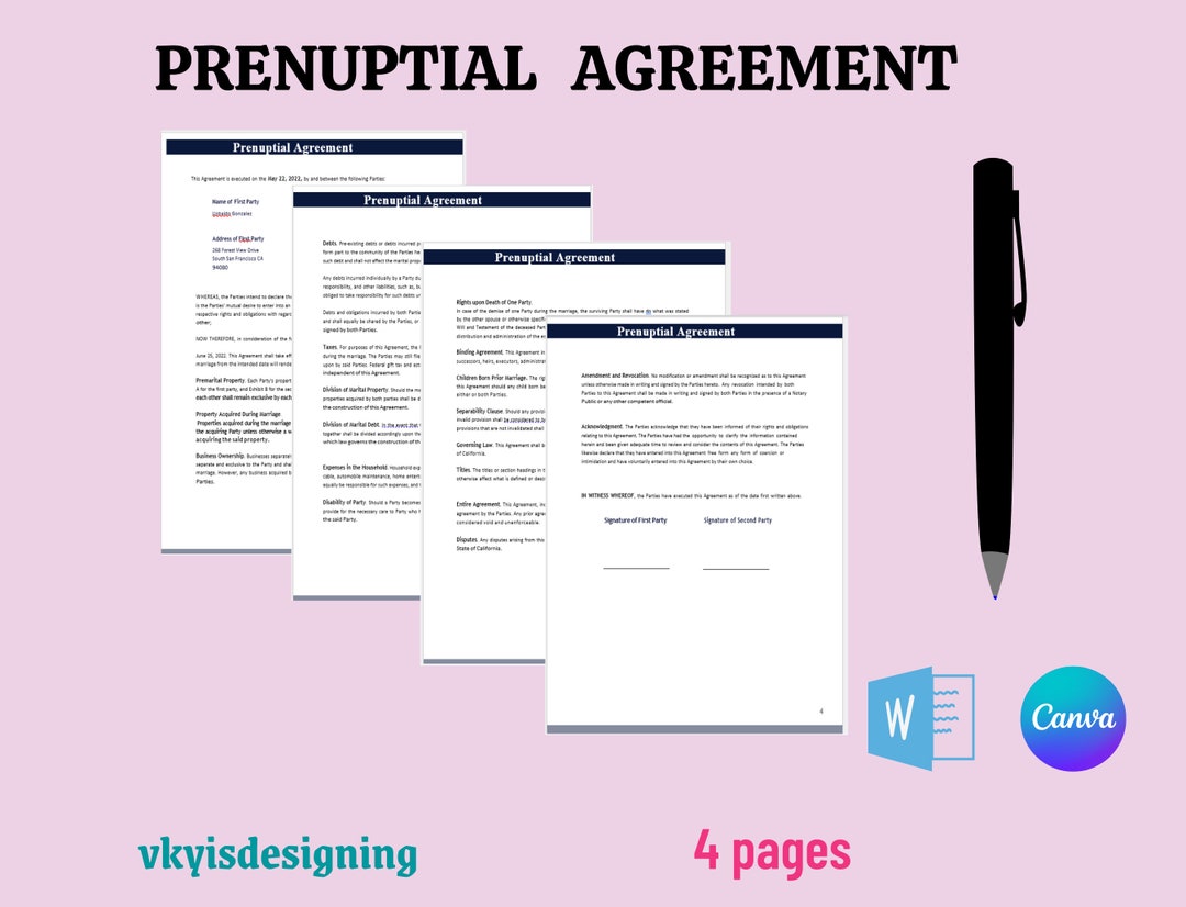 Prenuptial Agreement Template: Editable Pre Marital Contract (canva, A4 ...