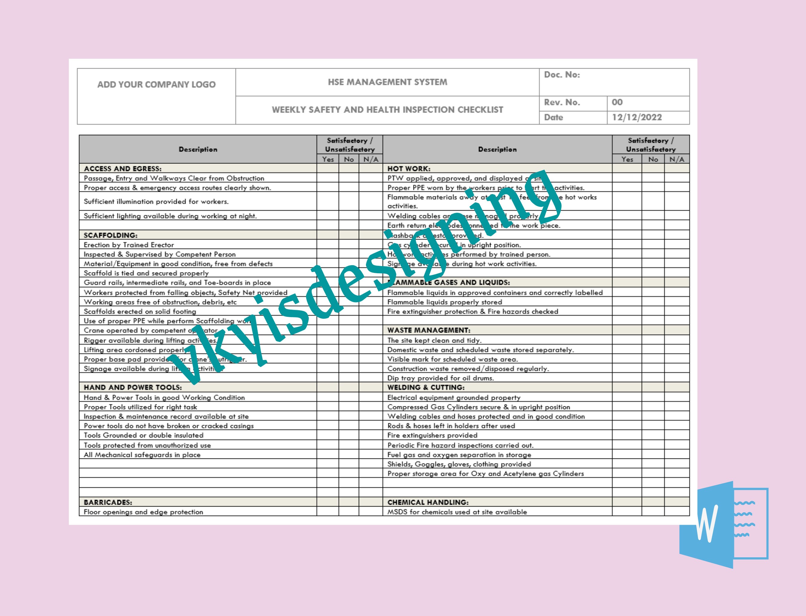 Weekly Safety Health Inspection Checklist, Safety Site Inspection ...