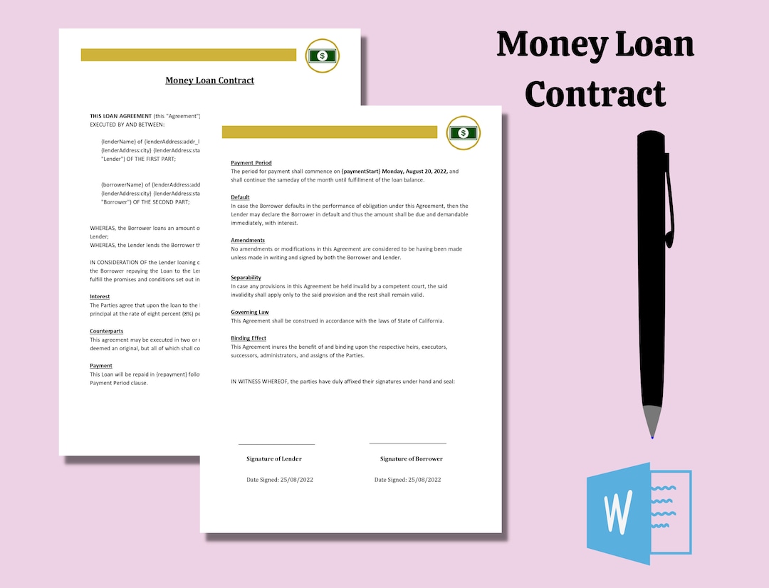 Money Loan Contract - Loan Contract * Money Debt Agreement * Borrower ...