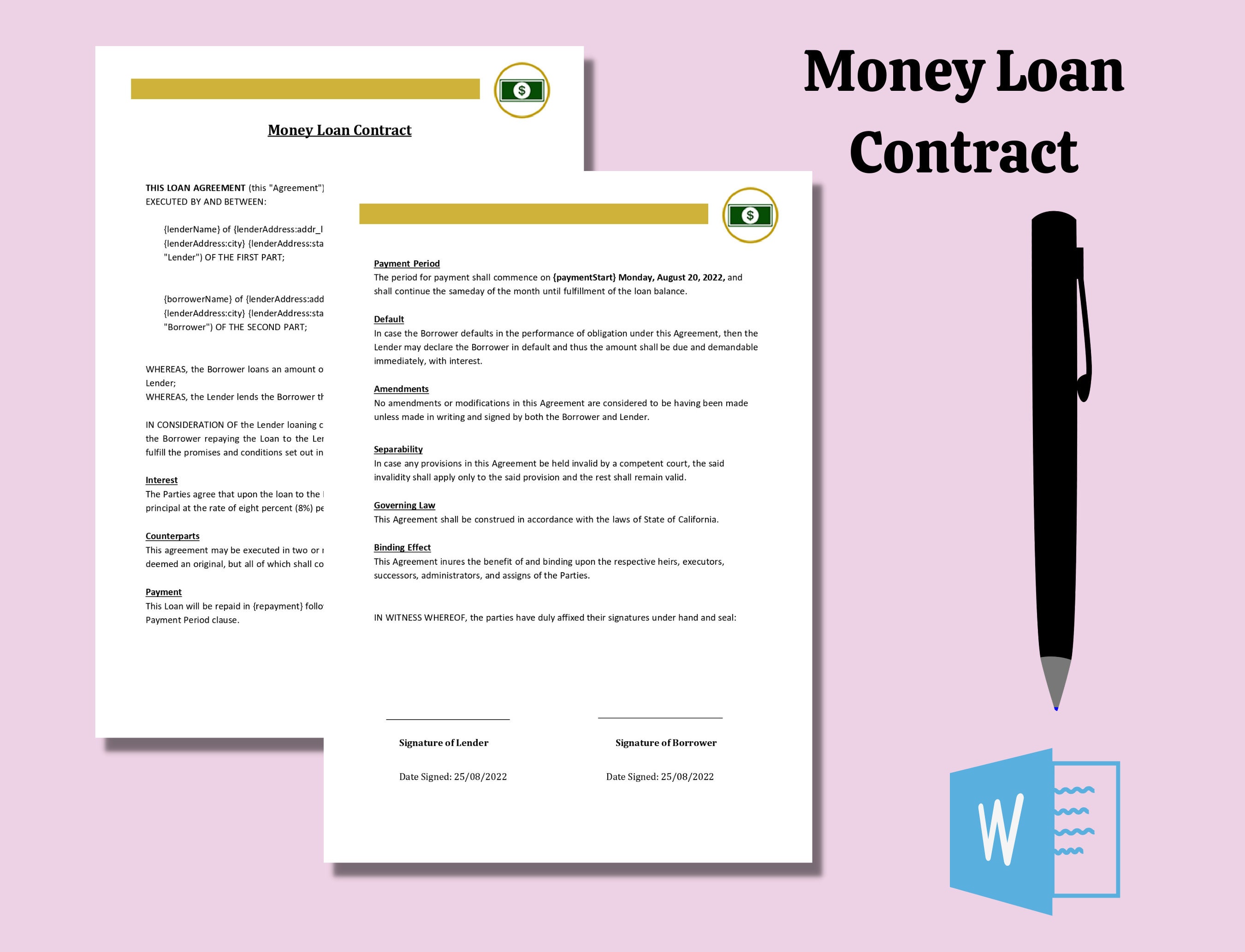 Money Loan Contract - Loan Contract * Money Debt Agreement * Borrower ...