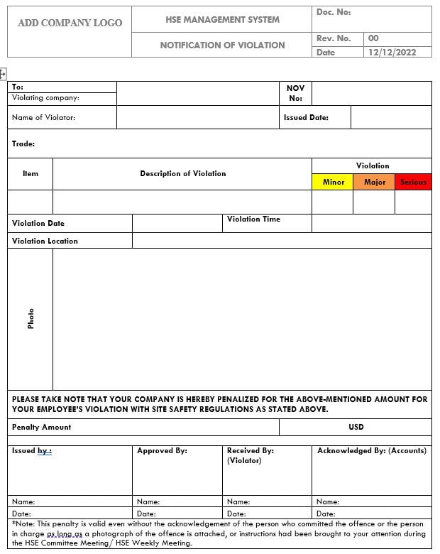 Notice of Violation * Safety Violation - Health Safety - Violation ...