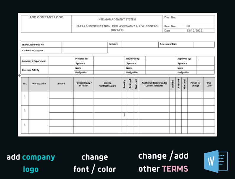 HIRARC Template: Hazard Identification, Risk Assessment (editable WORD ...