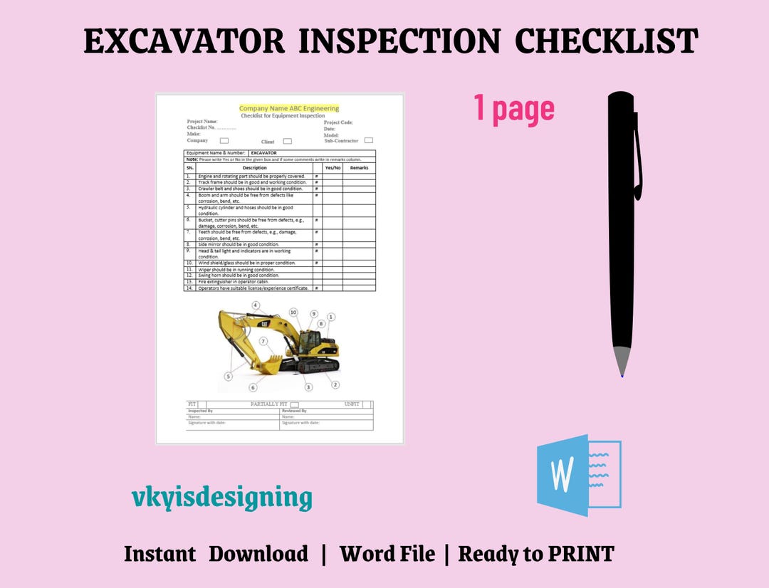 Excavator Inspection Checklist, Safety Inspection, Machine Inspection ...
