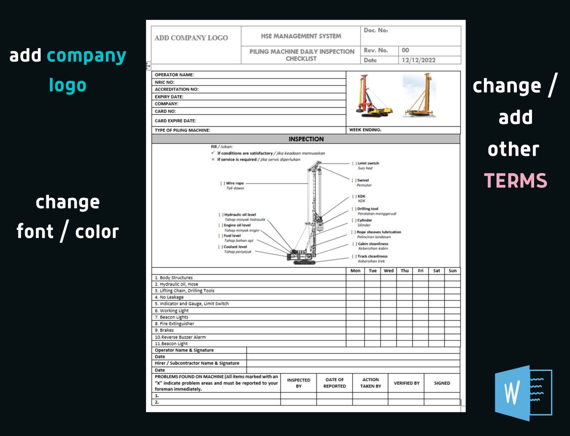 Piling Machine Inspection Checklist Drilling Rigs Safety - Etsy México