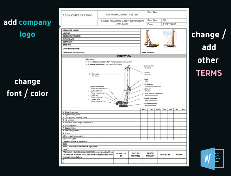 Piling Machine Inspection Checklist: Construction Safety (WORD) - Etsy