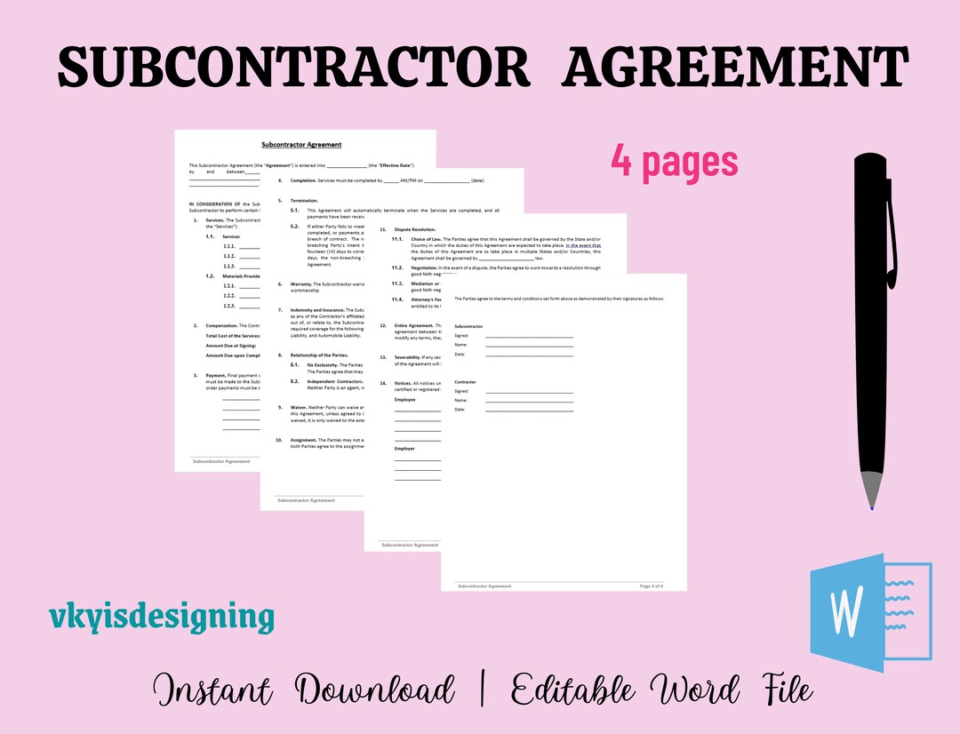 Subcontractor Agreement Template: Editable Business Contract (WORD) - Etsy