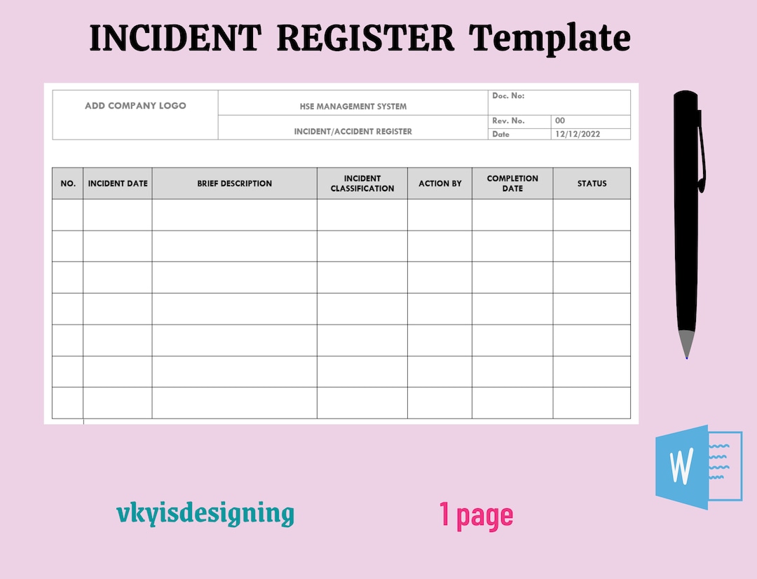 Accident & Incident Register Template: Workplace Safety Form (WORD) - Etsy