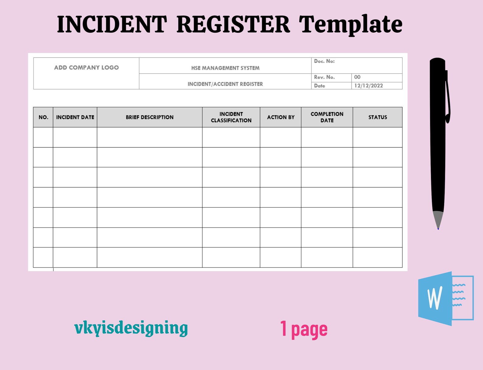 Accident & Incident Register Template: Workplace Safety Form (WORD) - Etsy