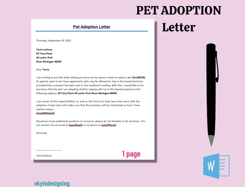Pet Adoption Letter Template: Landlord Consent (WORD) - Etsy