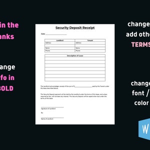 Rental Security Deposit Receipt: Editable Landlord Template (printable ...