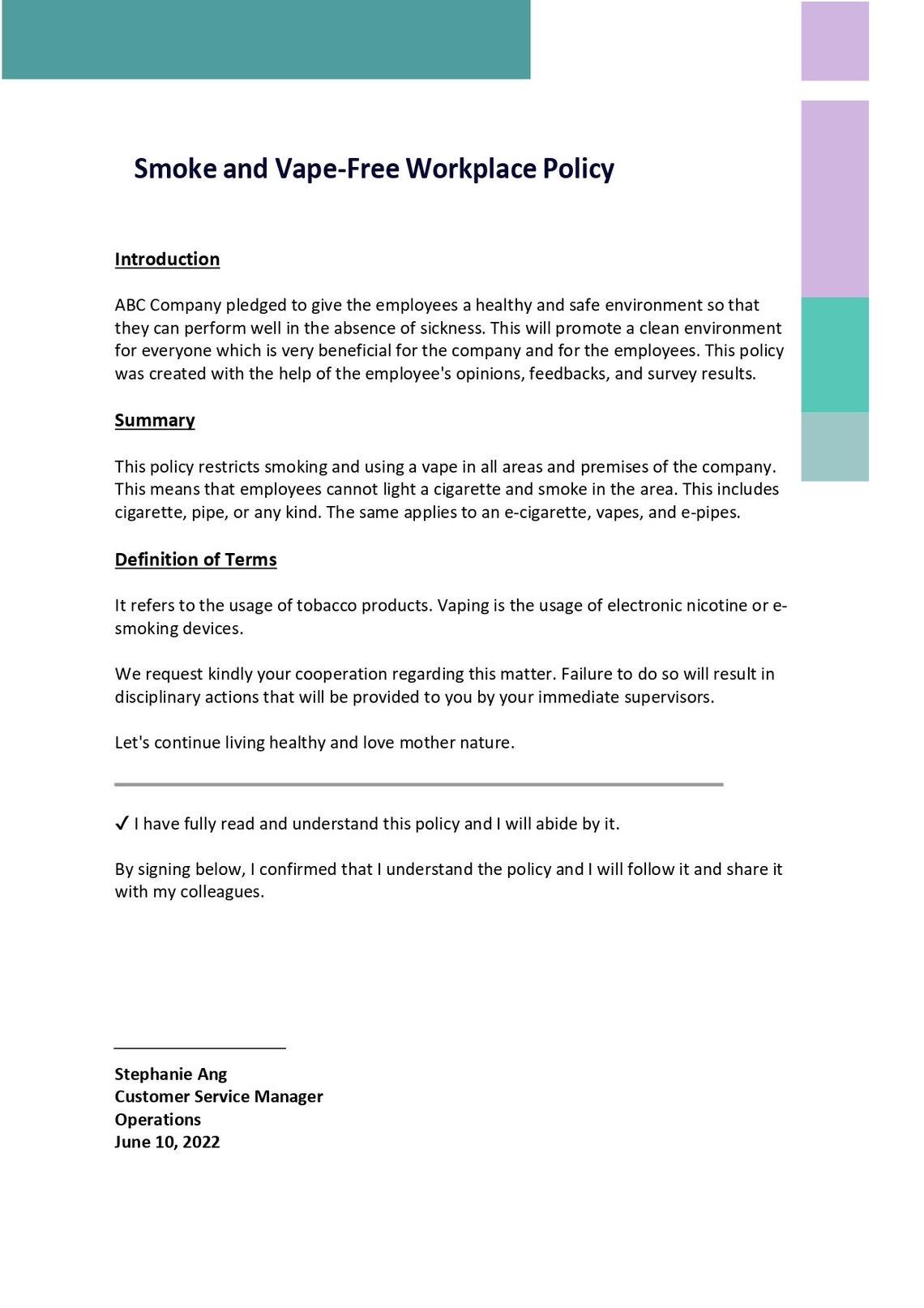 Smoke & Vape-free Workplace Policy Template (editable WORD) - Etsy