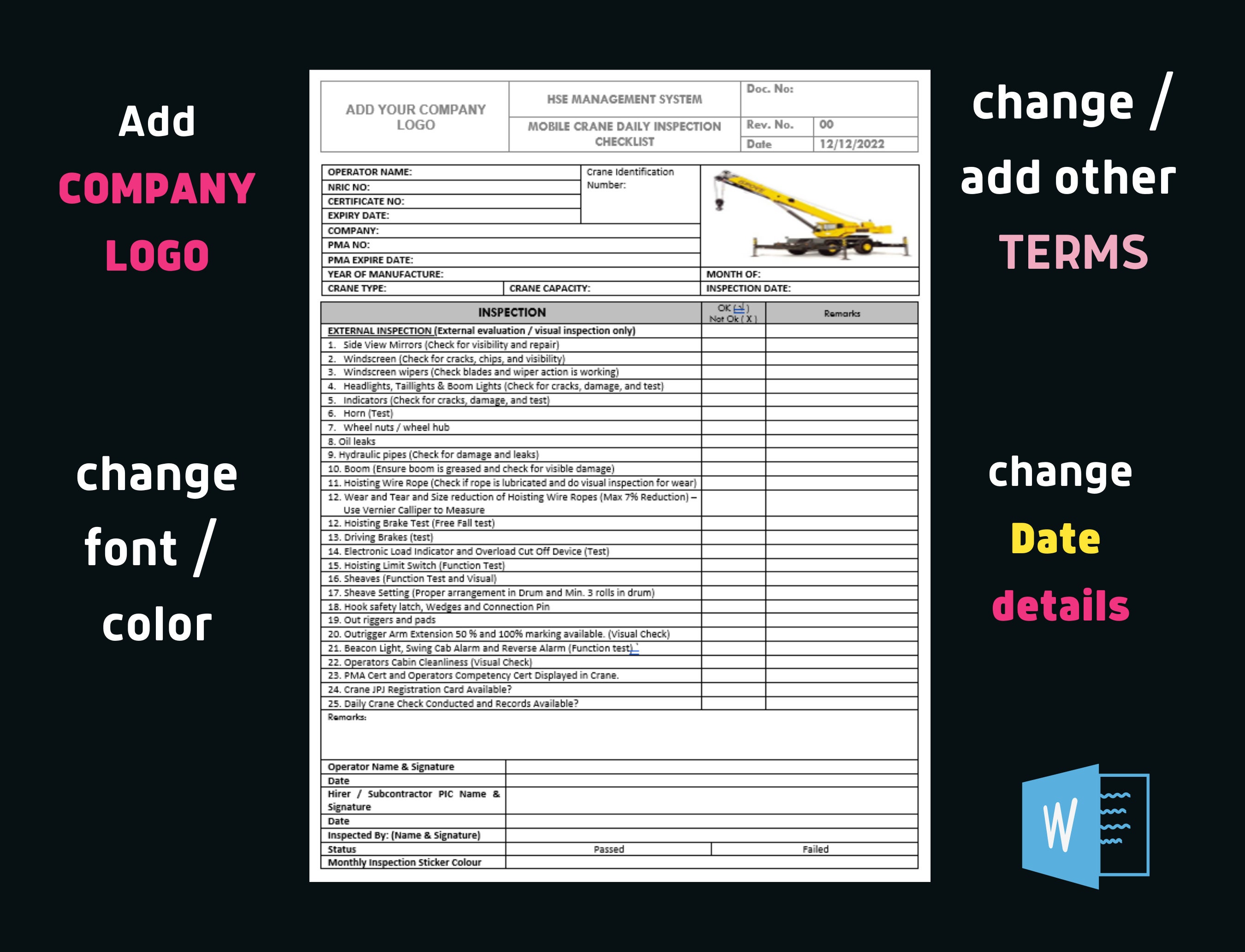 Mobile Crane Daily Inspection Checklist: Safety & Health (WORD) - Etsy