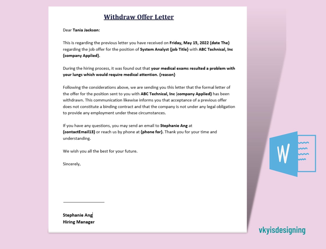 Withdraw Offer Letter, Withdraw Job Offer, Formal Letter, HR Letter ...