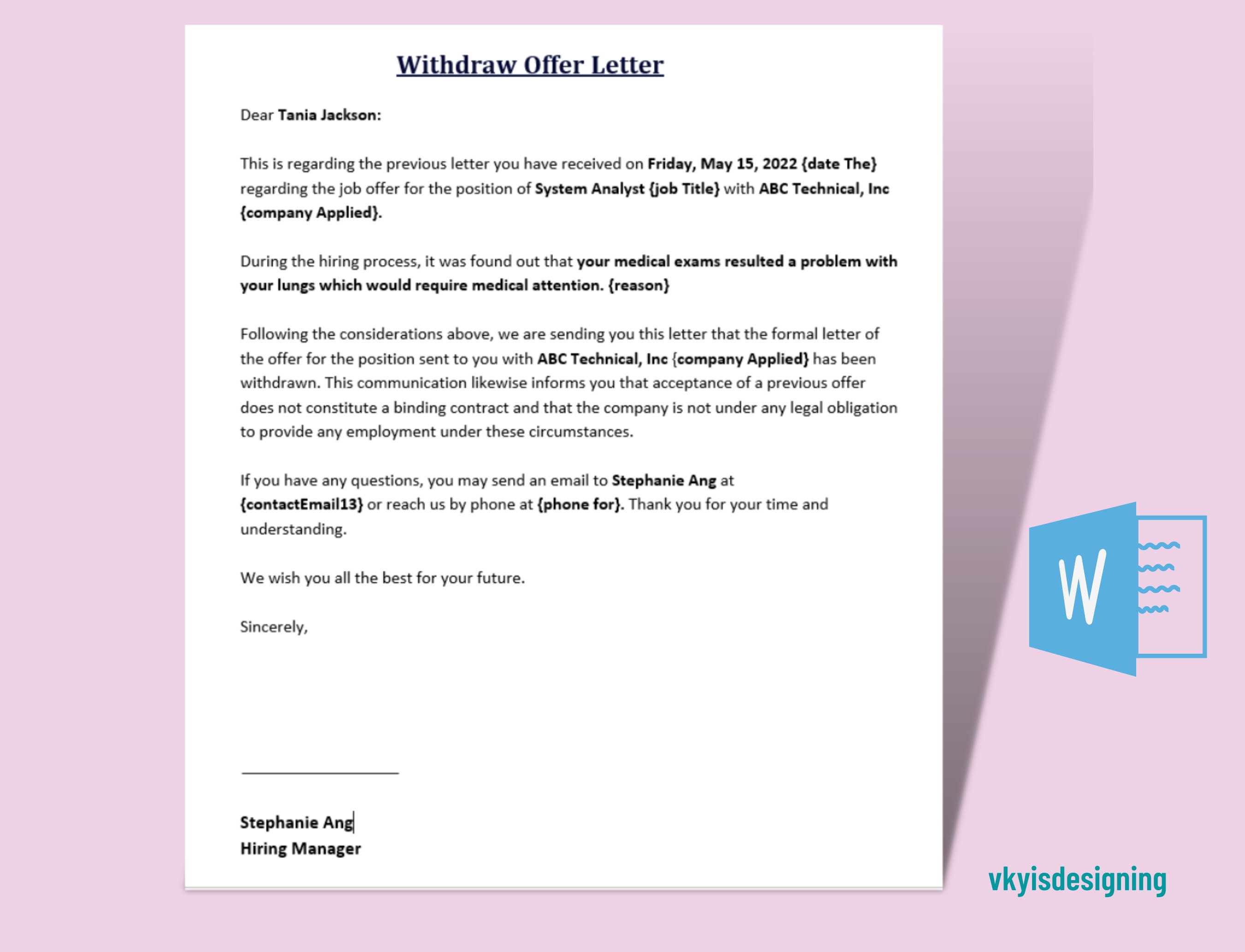 Withdraw Offer Letter, Withdraw Job Offer, Formal Letter, HR Letter ...