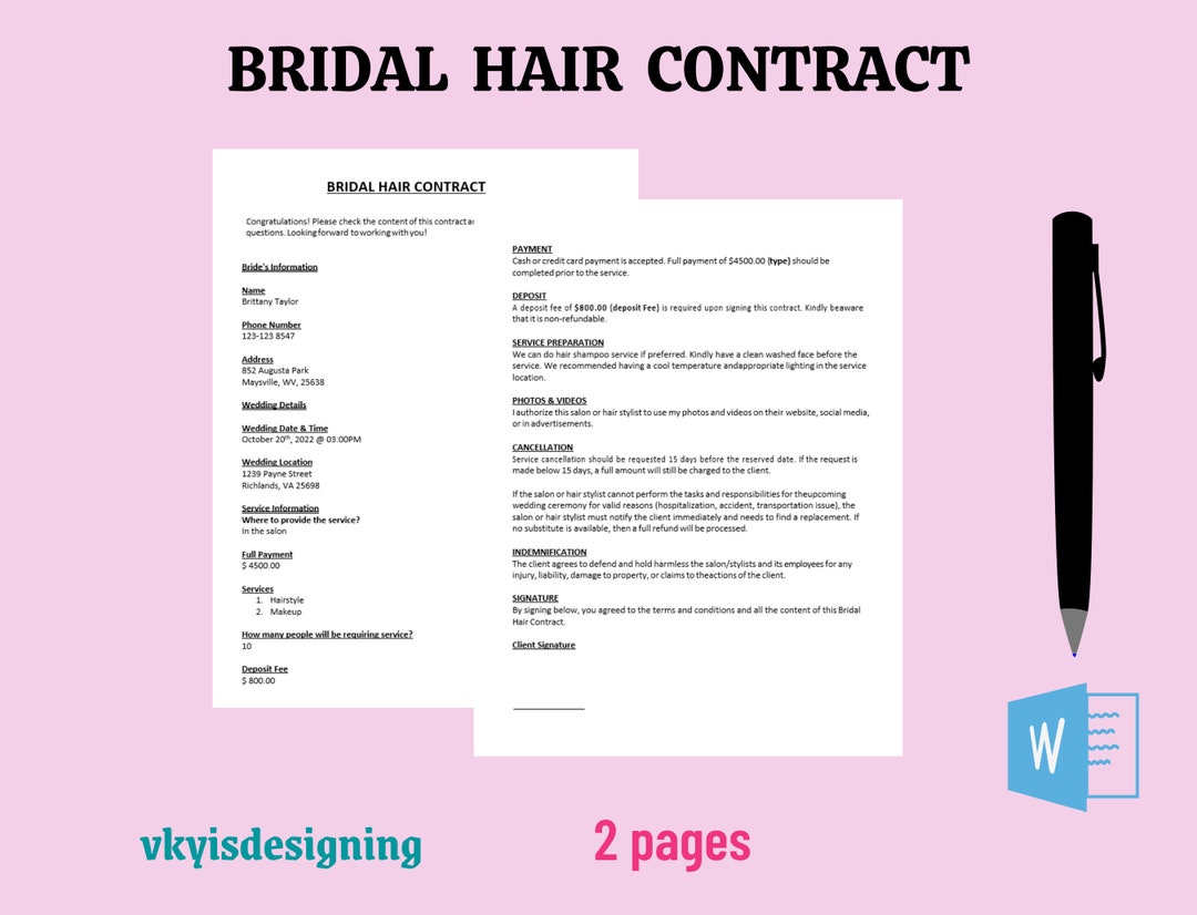 Hair Bridal Contract, Service Contract, Hair Stylist, Wedding Hair ...