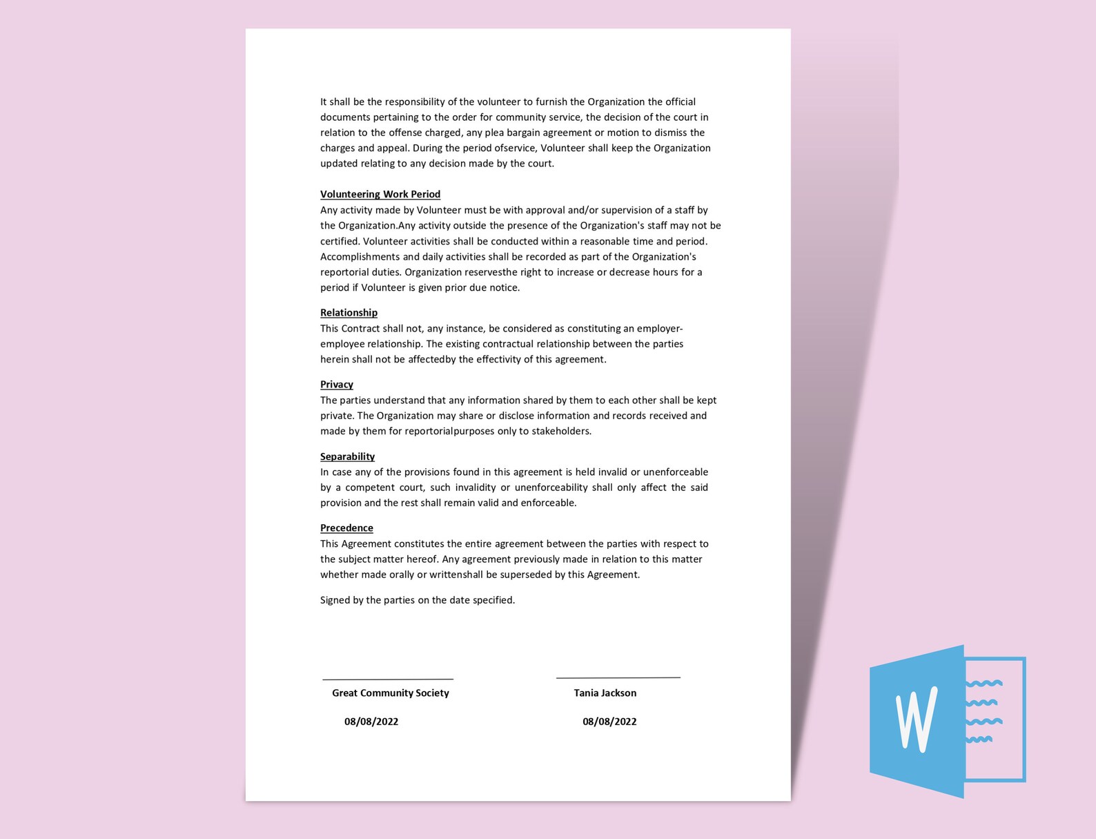 Community Service Contract * Public Service Agreement - Organization ...