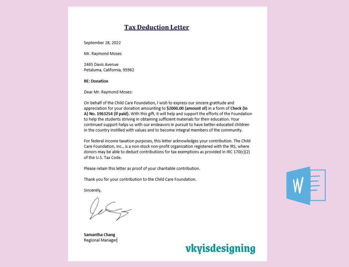 Tax Deduction Letter Template: Thank You, Proof of Receipt (WORD) - Etsy