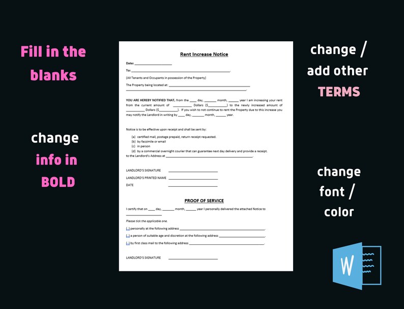 Rent Increase Notice Template: Landlord/tenant Letter (editable Word ...