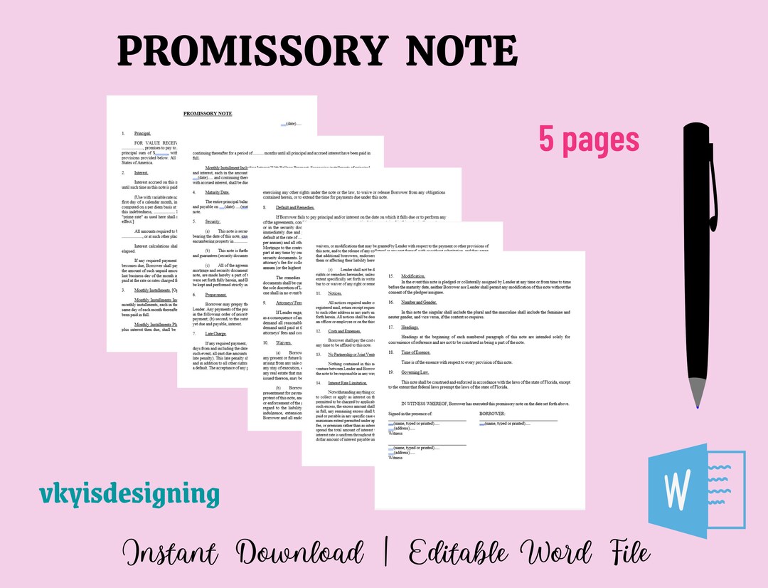 Editable Promissory Note Template: Loan Agreement, Legal Contract (WORD ...