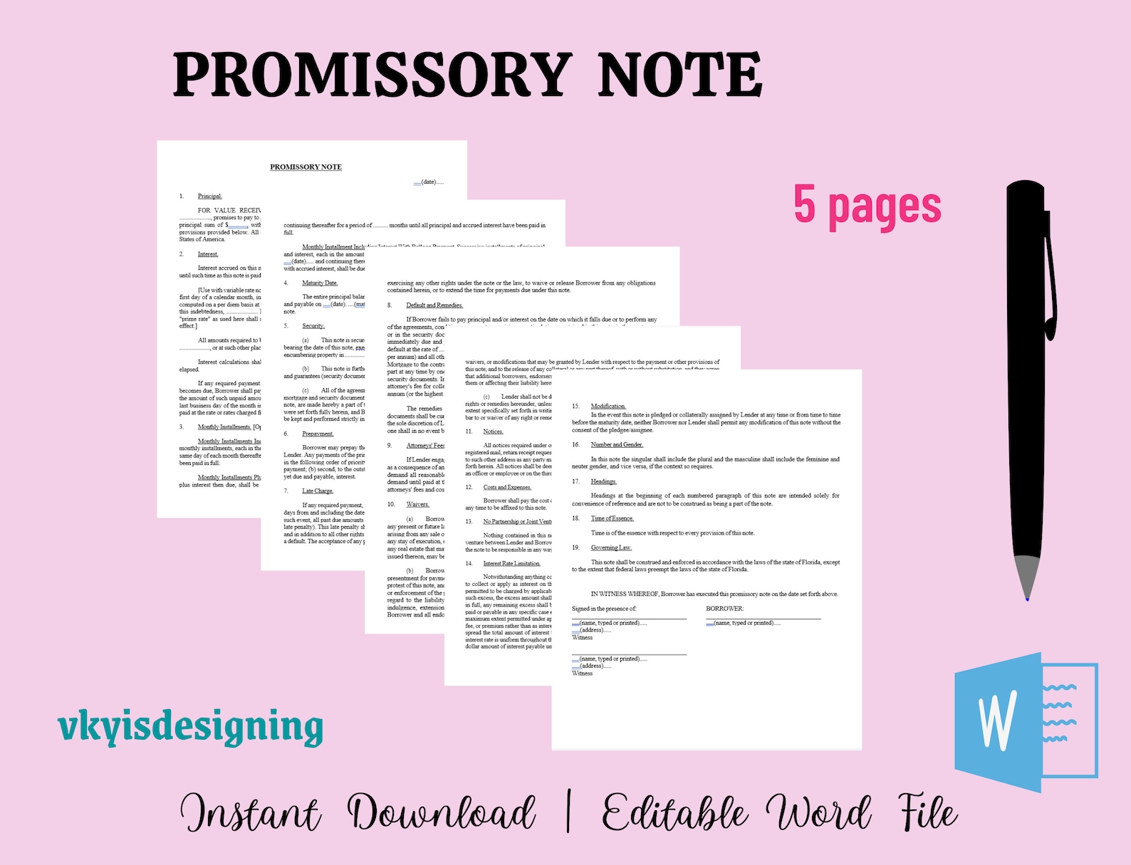 Editable Promissory Note Template: Loan Agreement, Legal Contract (WORD ...