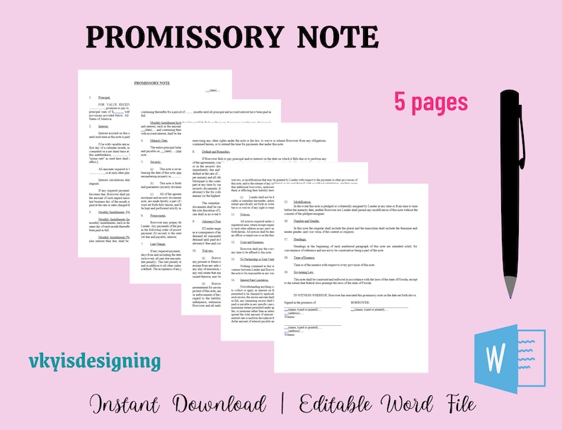 Editable Promissory Note Template: Loan Agreement, Legal Contract (WORD ...