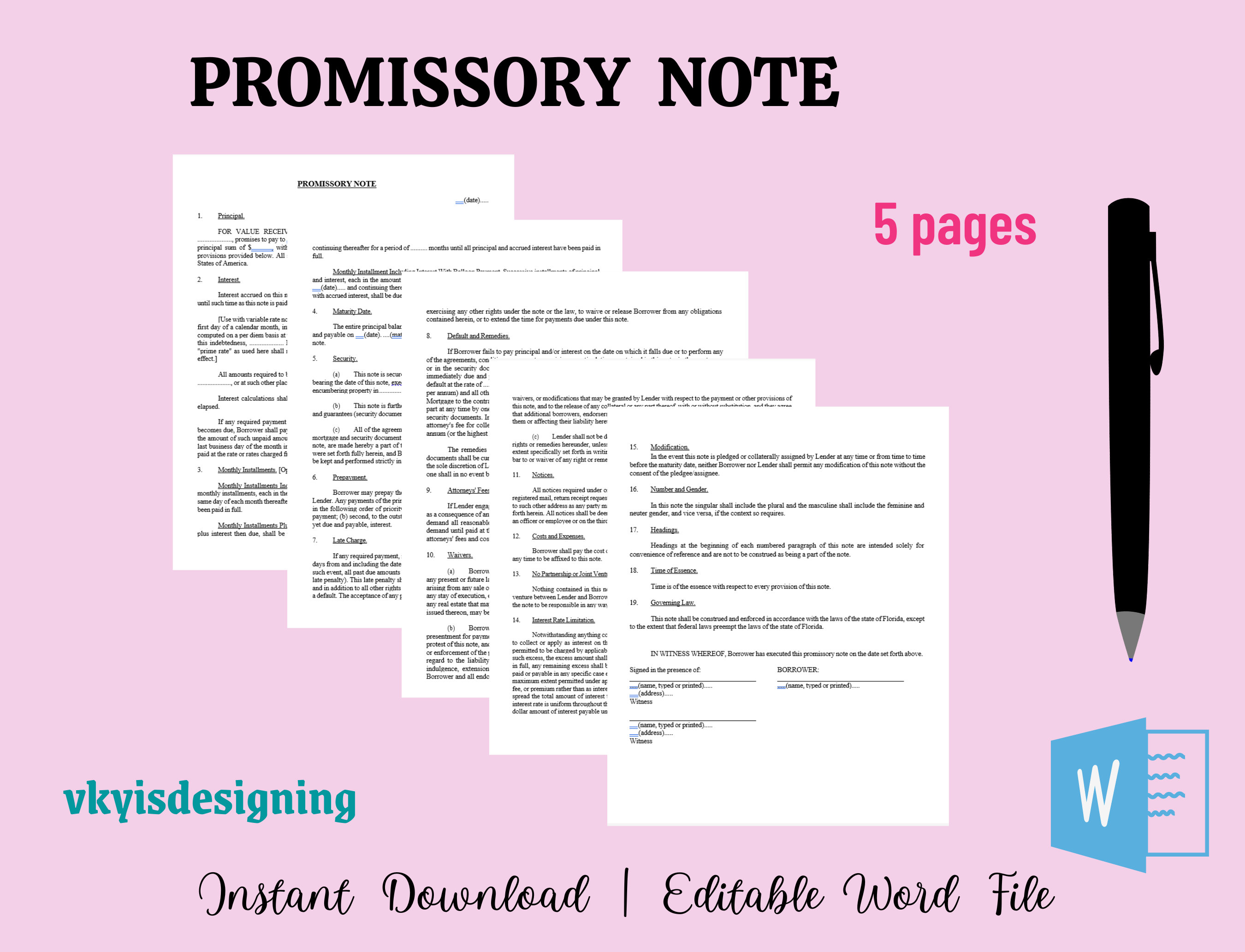 Editable Promissory Note Template: Loan Agreement, Legal Contract (WORD ...