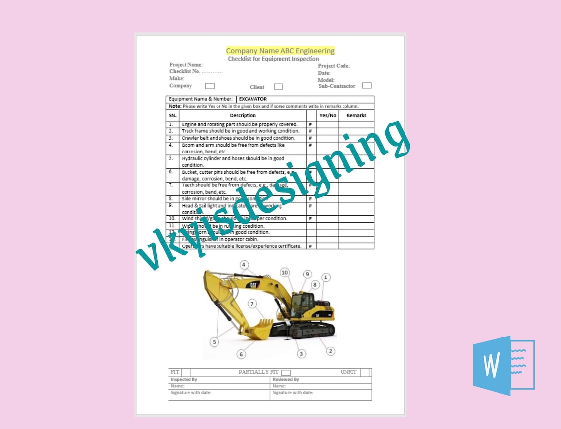 Excavator Inspection Checklist, Safety Inspection, Machine Inspection ...