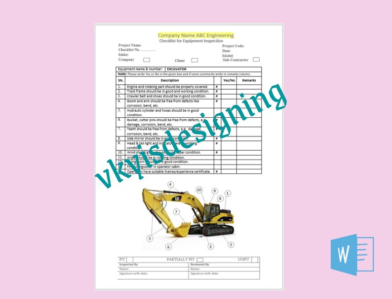 Excavator Inspection Checklist: Safety & Maintenance (MS Word) - Etsy