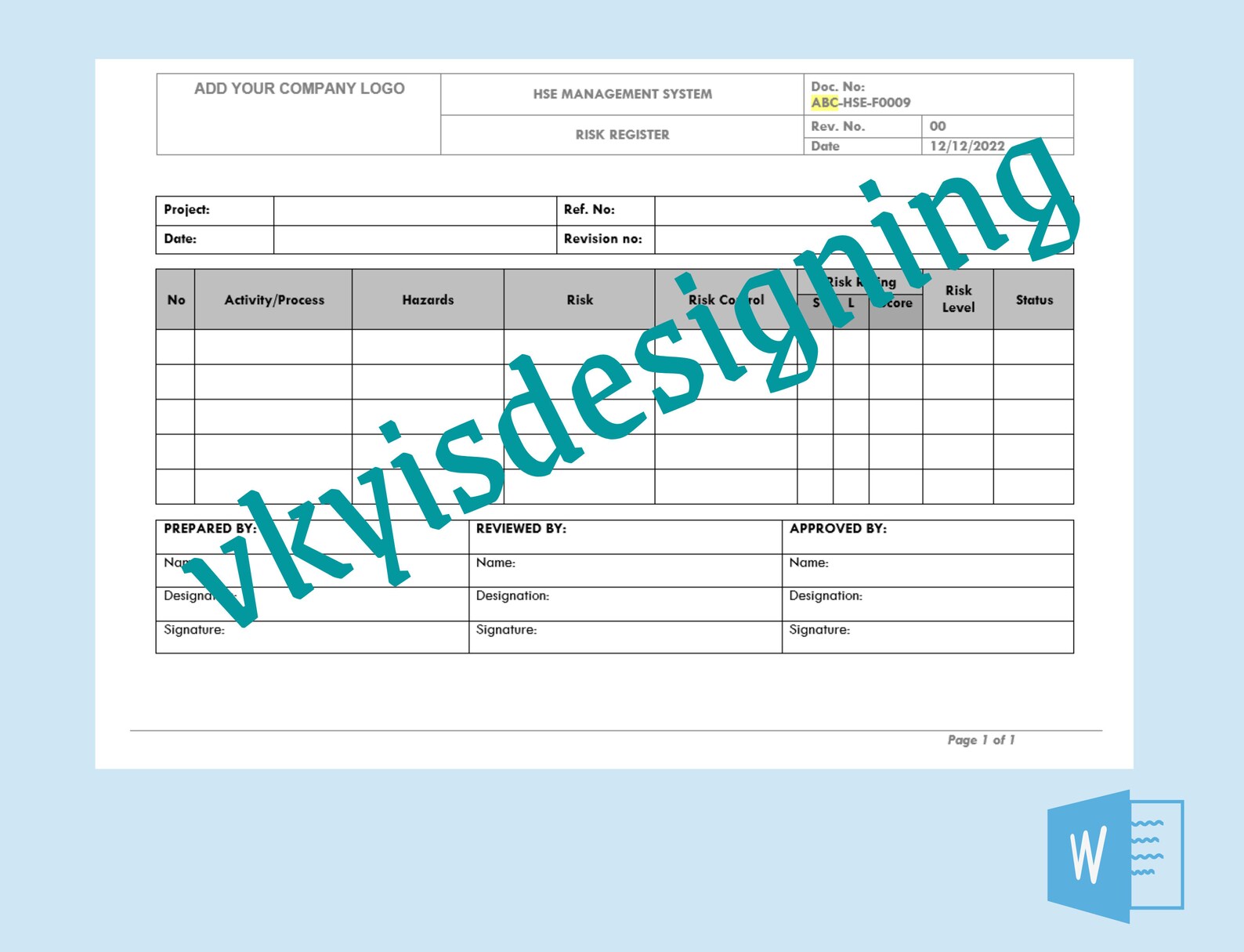 Risk Register, Health Safety Policy, Risk Records, Site Risk ...