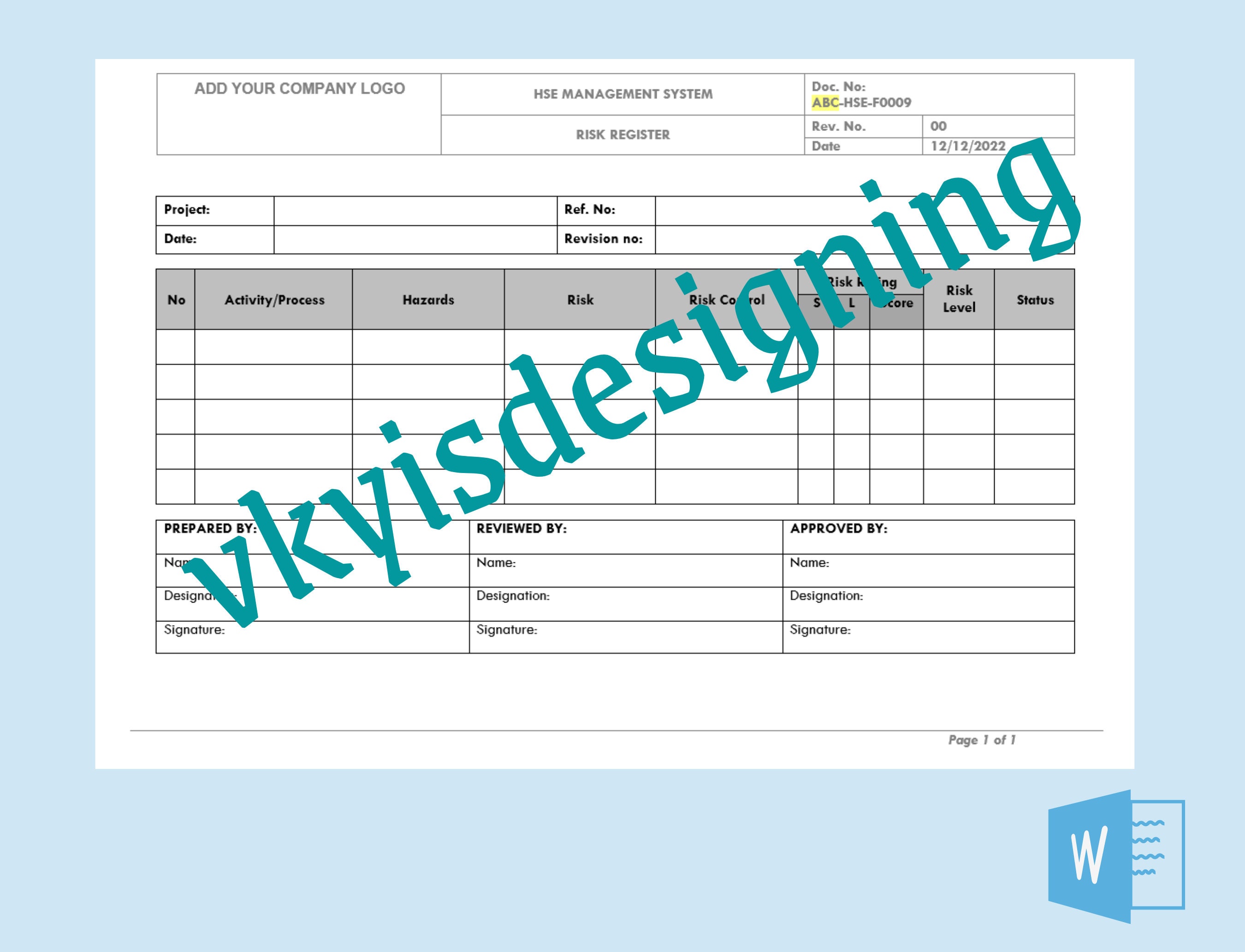 Risk Register, Health Safety Policy, Risk Records, Site Risk ...