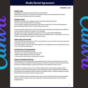 Studio Rental Agreement, Studio Contract, Photographer Contract, Studio ...