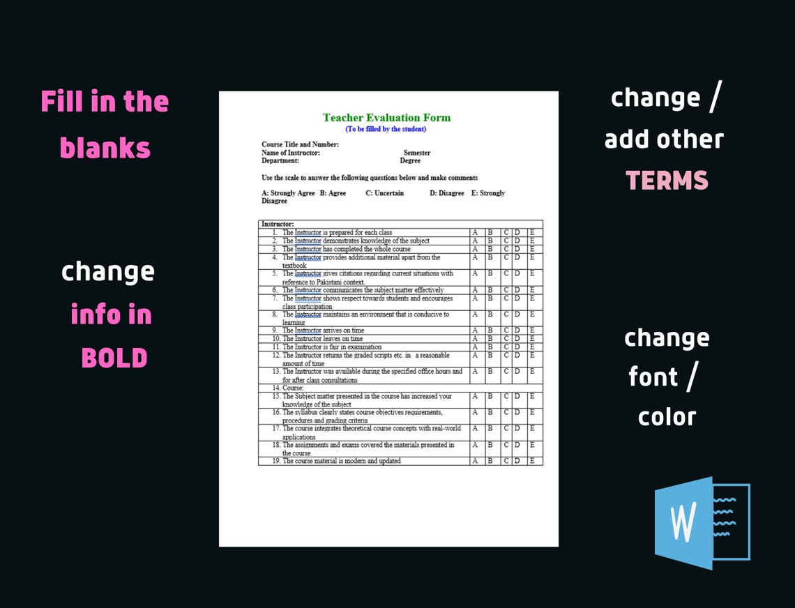 Teacher Evaluation Form: Editable HR Assessment (editable Word) - Etsy