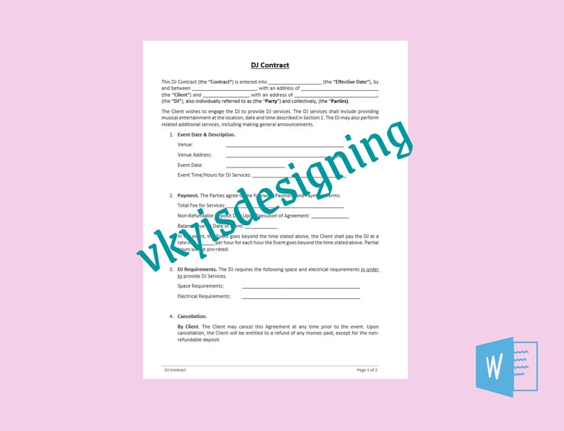 Editable DJ Contract Template: Wedding, Birthday, Party (editable Word ...