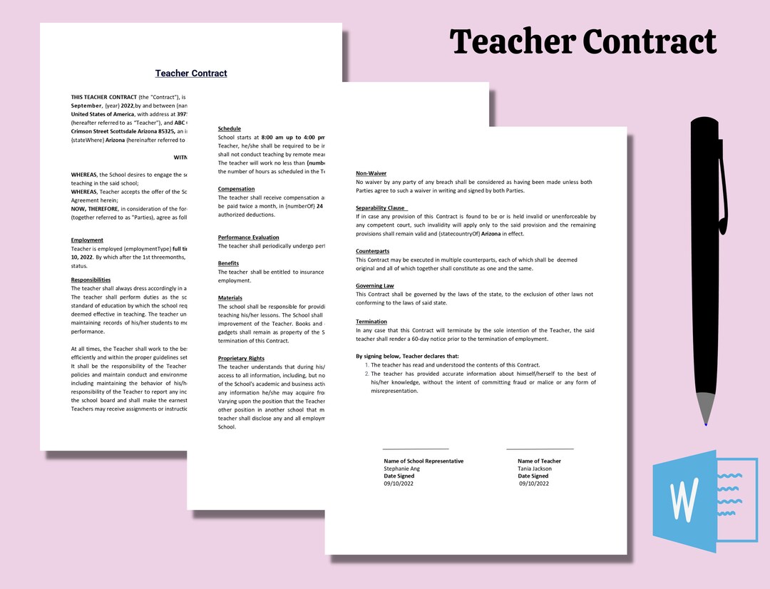 Teacher Contract * Tutor Agreement * Educator Contract * Teacher Forms ...