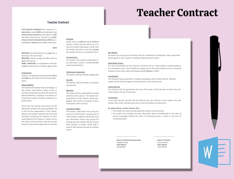 Editable Teacher Contract Template: Tutor, Educator Agreement (WORD) - Etsy