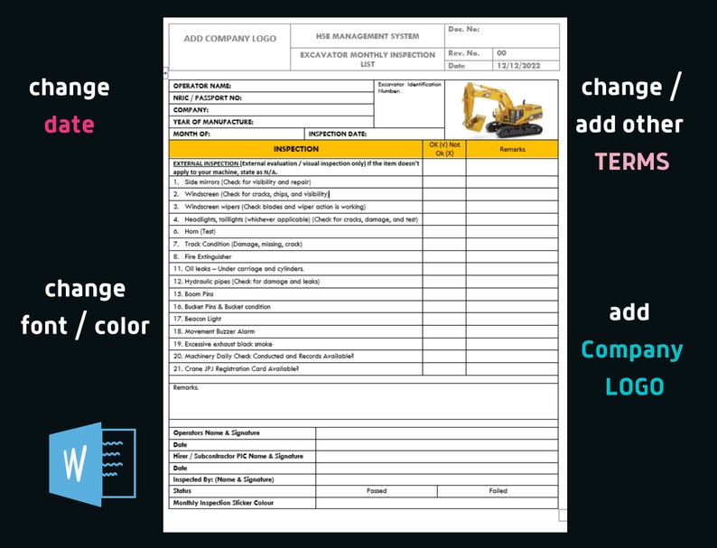 Excavator Monthly Inspection Checklist, Safety Inspection, Machine ...