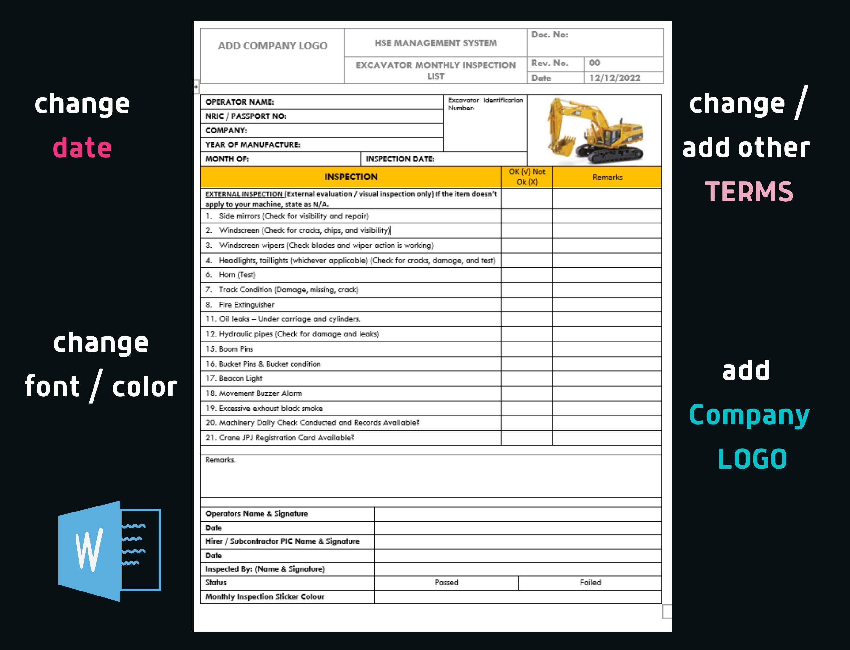 Excavator Safety Checklist Form