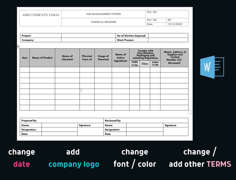 Chemical Register Template: HSE Safety Records (editable WORD) - Etsy