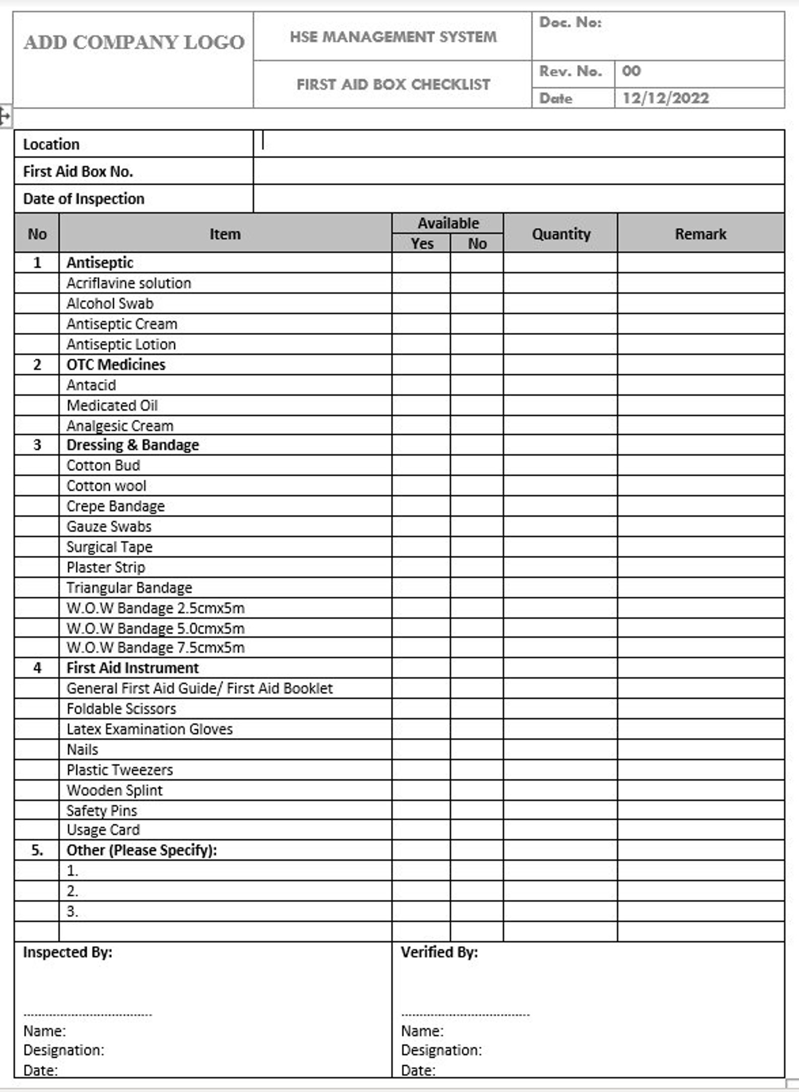First Aid Kit Checklist: Editable Medicine Bag Inventory (WORD Template ...