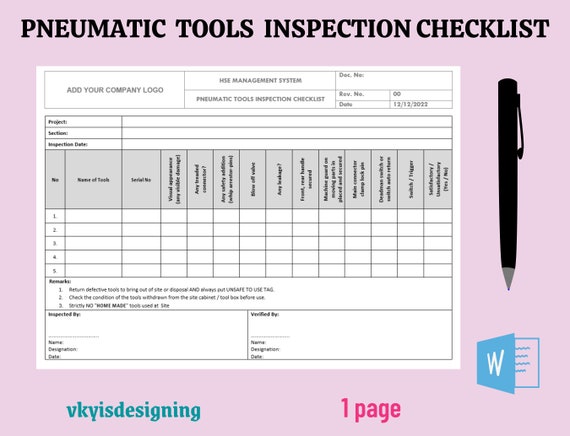 Pneumatic Tools Inspection Checklist Material Checklist - Etsy