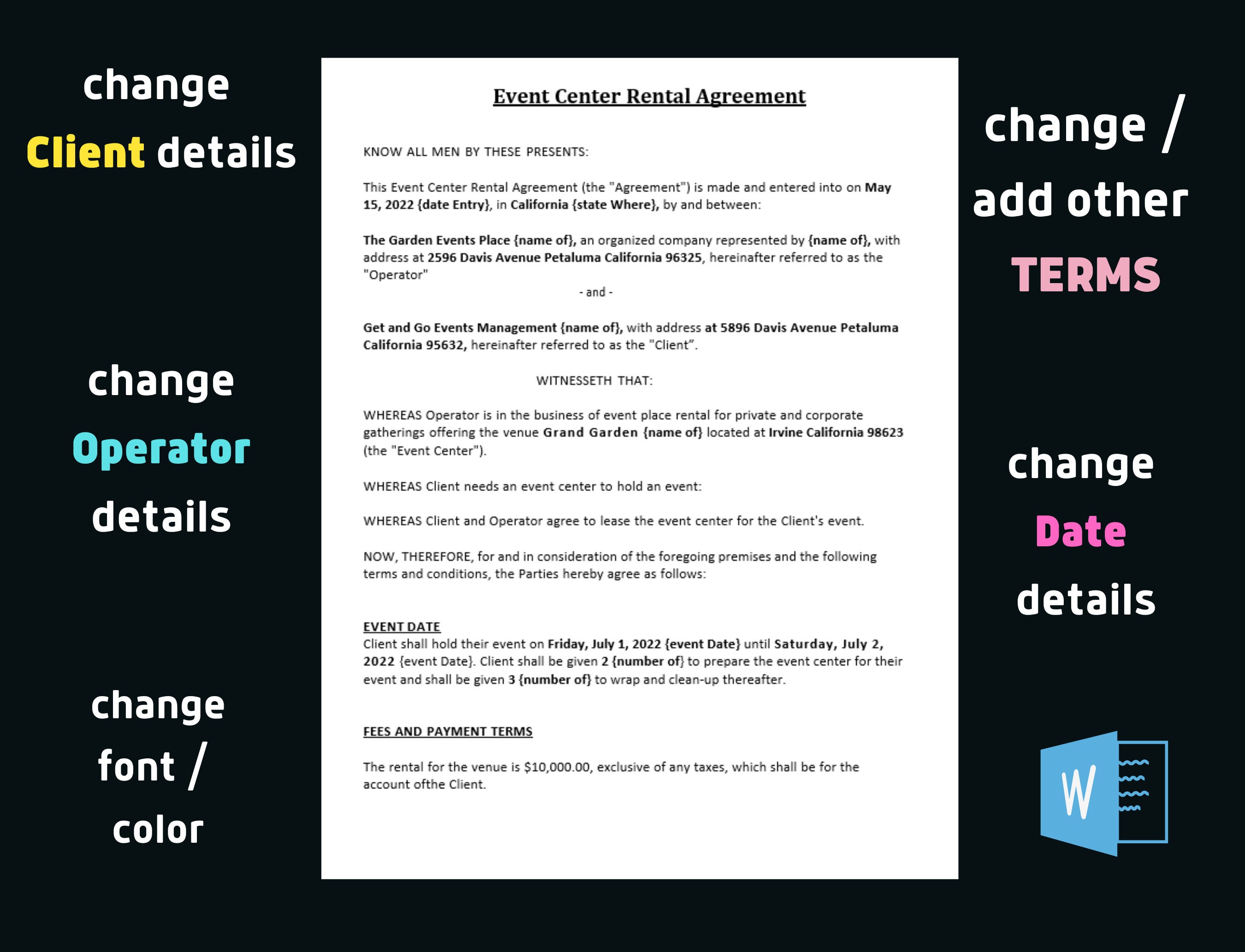 Event Center Rental Agreement Template (MS Word) - Etsy