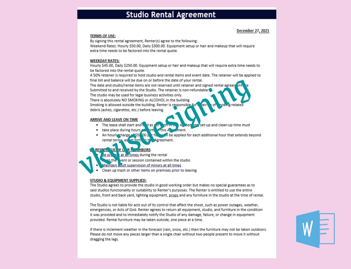 Studio Rental Agreement, Studio Contract, Photographer Contract, Studio ...