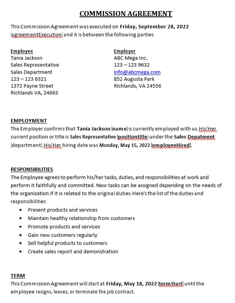 Commission Agreement Bonus Contract Sales Agreement - Etsy