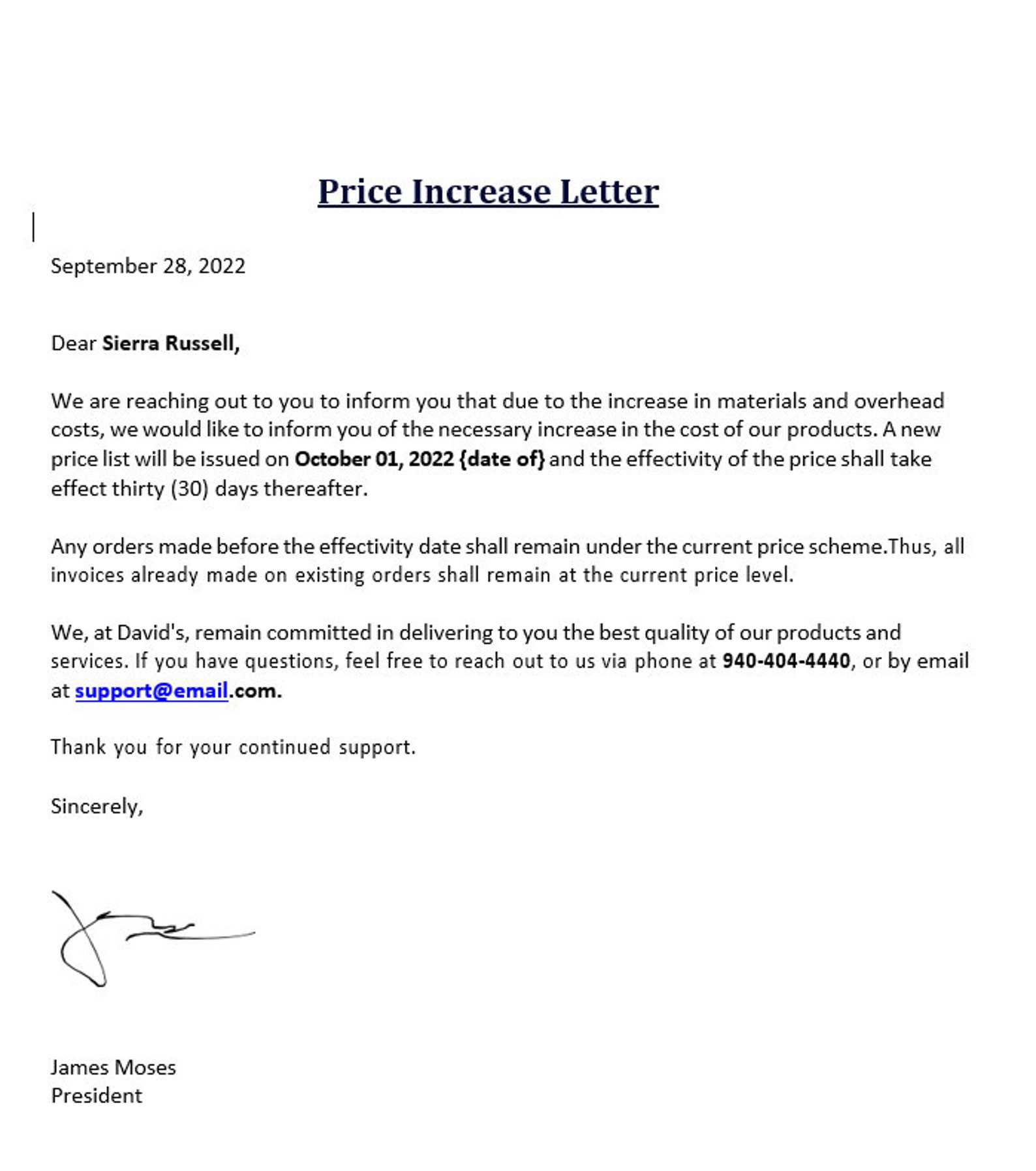 Price Increase Letter * Business Letter - Price Increase Memo * Service ...