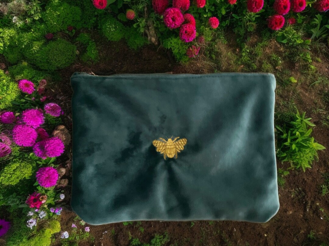 Jade Velvet Pouch - Bee Embroidery - Velvet Makeup Bag - Embroidered ...