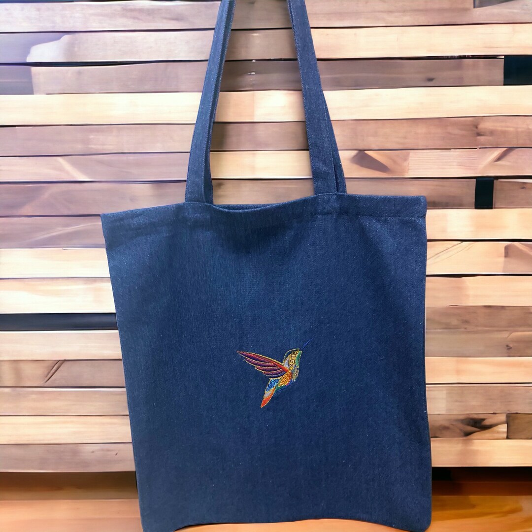 Denim Embroidered Tote Bag - Hummingbird Design - Denim Bag - Mothers ...